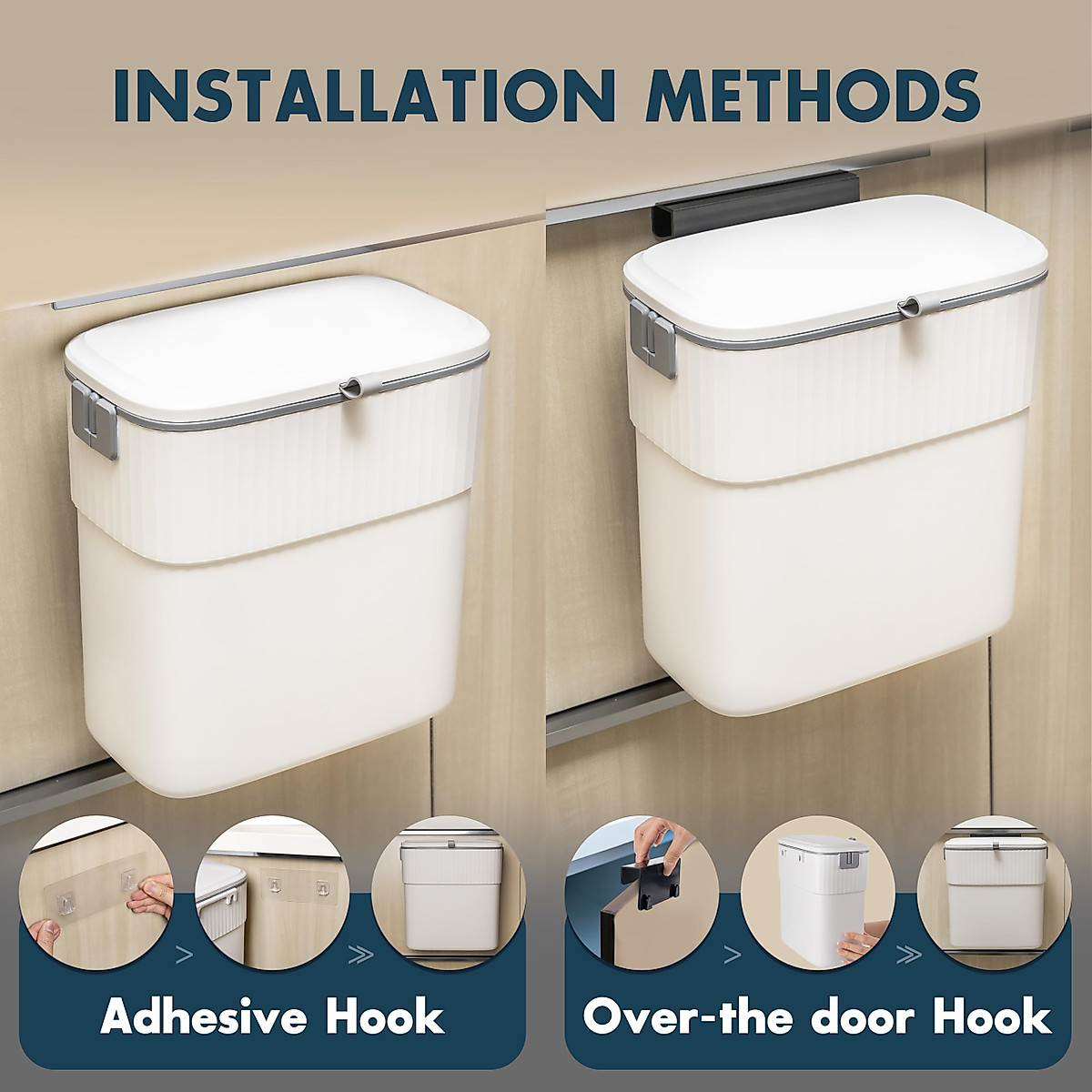 McKay Hanging Kitchen Trash Can with Lid, 30 Trash Bags|2.5 Gallon/10L Compost Bin for Under Sink, Small Trash Can,Food Waste Basket Wall-Mounted Garbage Can for Bathroom/Countertop/RV/Bedroom, White