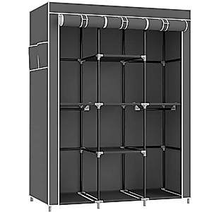 HOMGRNE Portable Closet Wardrobe, Bedroom Clothes Closet Storage Organizer-4 Storage Shelves, 4 Hanging Rods, Grey Non-Woven Fabric Cover 4 Side Pockets, 49-Inch