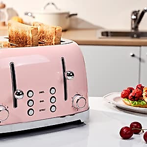 REDMOND 4 Slice Toaster Retro Stainless Steel Toasters with Bagel Defrost Cancel Function, 6 Browning Settings, Pink, ST033