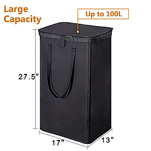 WOWLIVE 100L Laundry Hamper with Lid, Large Foldable Laundry Basket with 2 Removable Bags and Handles, Tall Collapsible Dirty Clothes Hamper for Laundry Room, Bathroom, Dorm (Black)