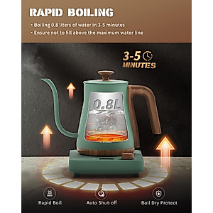 Electric Kettle, 1000W Quick Heating Gooseneck Kettles, 0.8L/27.05oz, 0.8mm Ultra-Fine Spout, Precise Water Flow Control, 304 Stainless Steel Inner, Auto Shut-Off, Boil Dry Protection, Matte Green