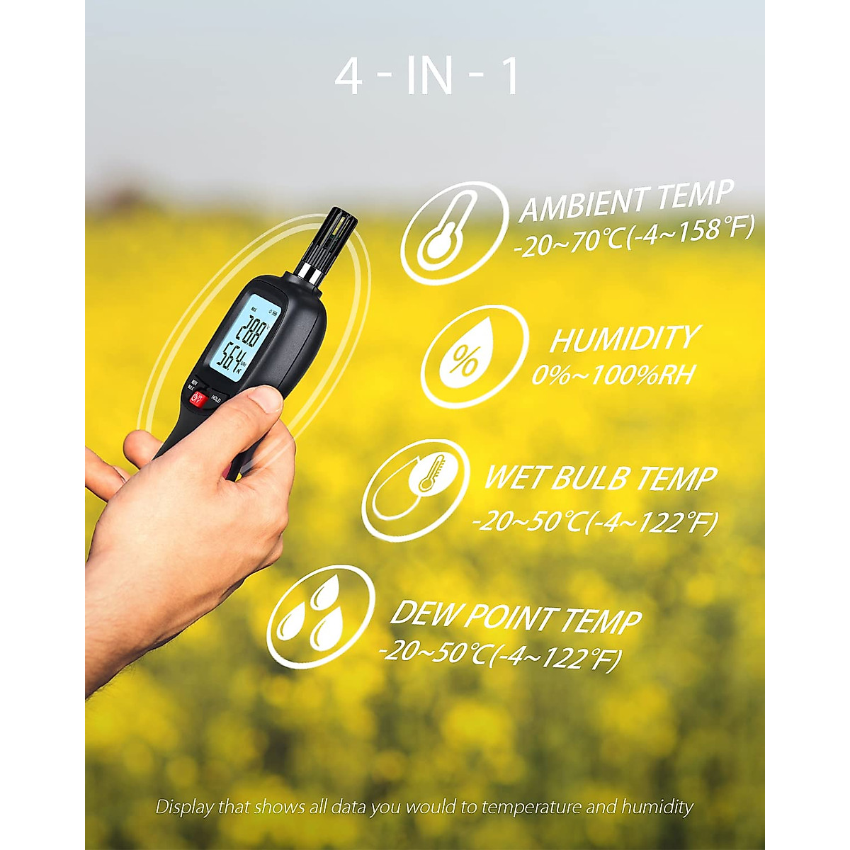 Wintact Digital Temperature and Humidity Meter, Thermometer Hygrometer Monitor with Dew Point and Wet Bulb Temperature, Backlight, Max/Min Value, Data Hold, Store 1000 Group of Data for Indoor Outdoor