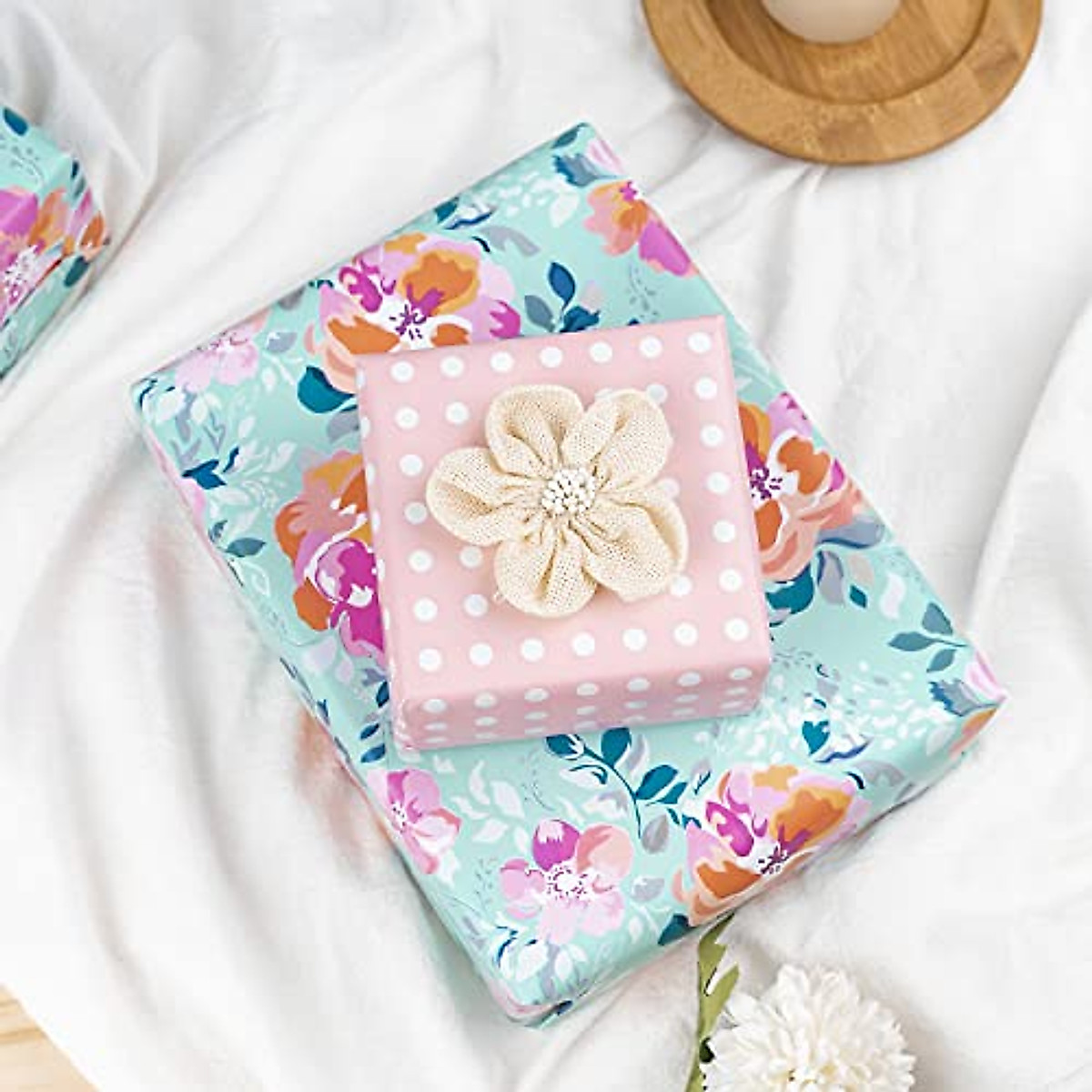 LeZakaa Reversible Floral Wrapping Paper Jumbo Roll - Flower in Blue & White Dot in Pink - 24 inches x 100 Feet (200 sq.ft.)