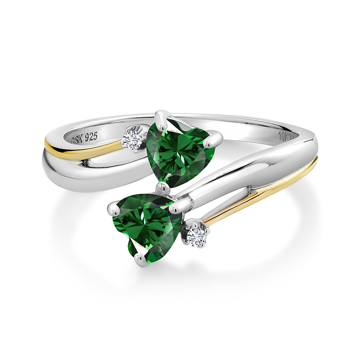 Gem Stone King 1.02 Ct Green Nano Emerald 925 Silver and 10K Yellow Gold Lab Grown Diamond 2 Heart Promise Couple Engagement Mother Ring (Size 9)