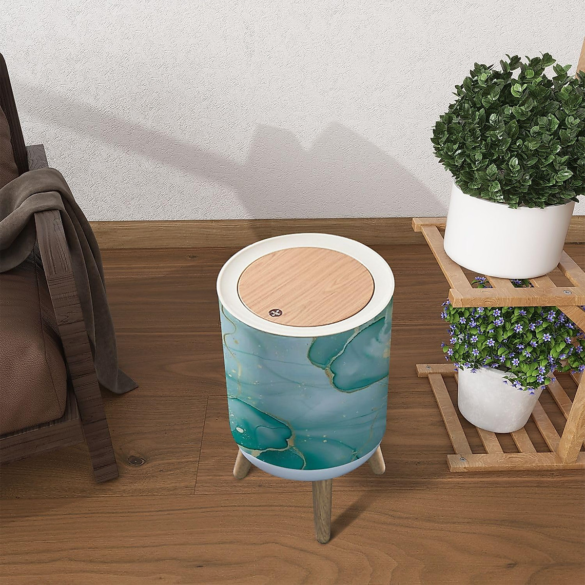 PHAIBHKERP Trash Can with Lid Pastel Cyan Mint Liquid Marble Watercolor Gold Lines Brush Garbage Can Round Waste Bin Press Cover Dog Proof Wastebasket for Kitchen Bathroom Living Room Nursery 1.8gal