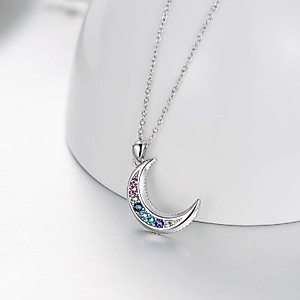 Sterling Silver Crescent Moon Pendant Necklace for Women, Multicolor Crystals from Swarovski, Anniversary Birthday Moon Jewelry Gifts for Lovely Ladies