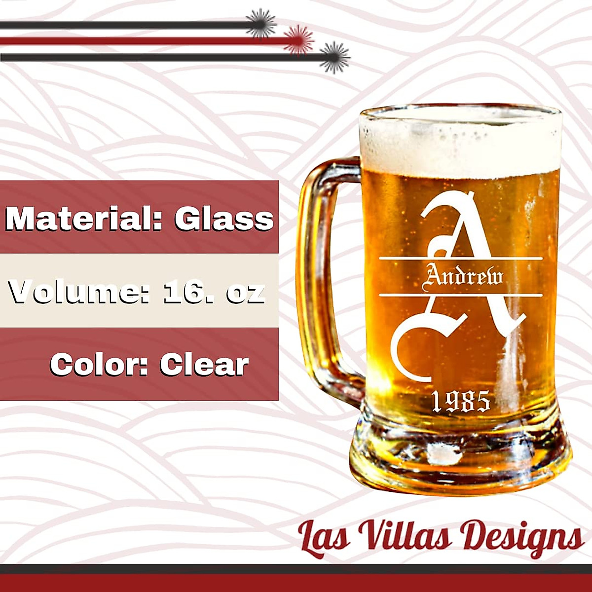 Personalized 16.oz Beer Mug | Sports Letter Design | Clear Glass | Custom Made | Perfect for wedding gifts, anniversaries, birthday gifts, or graduation