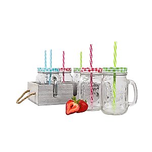 D'Eco Mason Jar Tray Set - 6 Mason Jars (16 oz ea) w/Colorful Lids & Reusable Straws & - Includes Wooden Tray for Easy Carrying, Serving, and Travel - Great for Hosting Parties & Entertaining Guests