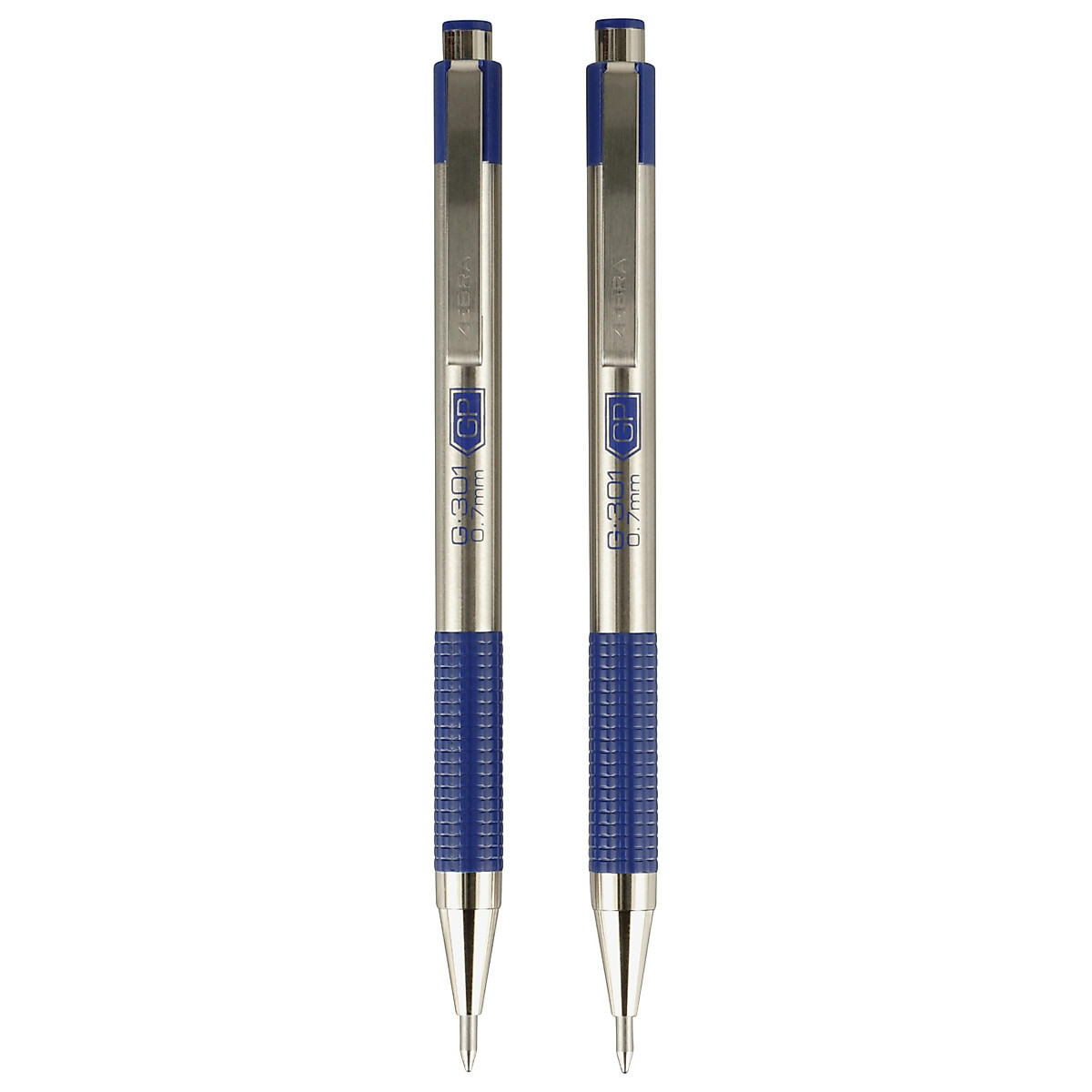 Zebra Pen G-301 Stainless Steel Retractable Gel Pen, Medium Point, 0.7mm, Blue Ink, 2-Count, 2 Pack (41322)