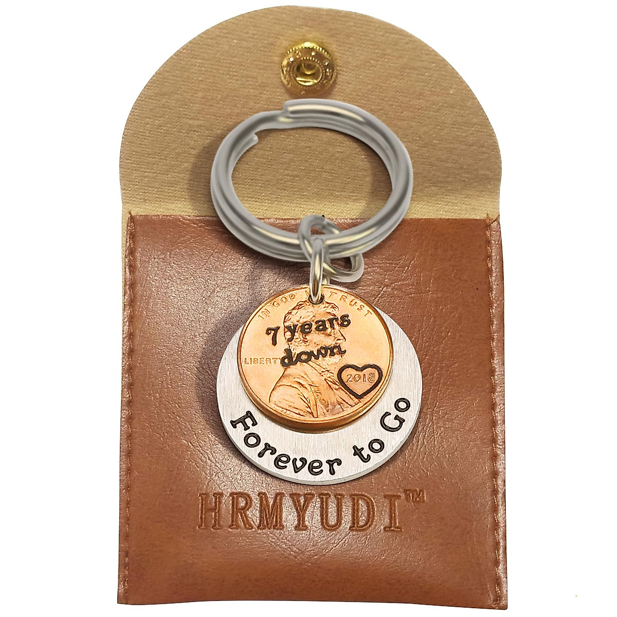 HRMYUDI Copper Gifts for 7th Anniversary, 7 Years Anniversary Copper Gift Coin Keychain with a 2018 Penny, 7 Years Down and Forever To Go Keyring, Anniversary Present for Man Woman