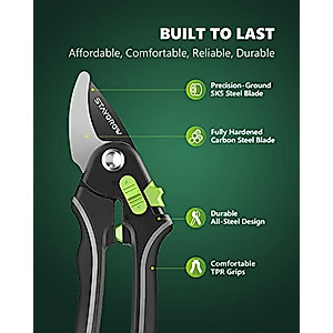 STAYGROW 8.5" Bypass Pruning Shears, All Steel Aluminum Alloy Construction Garden Shears, Ultra Sharp SK5 Carbon Steels Blades with Non-Stick Teflon Coating, Adjustable Opening Cuts Up to 3/4" (20mm）