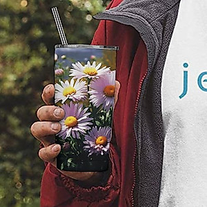 FHENMSA Stainless Steel Insulated Travel Coffee Mug,Daisy Plants Print Reusable Car Cup,Thermal Cup for Outdoor with Straw And Lid