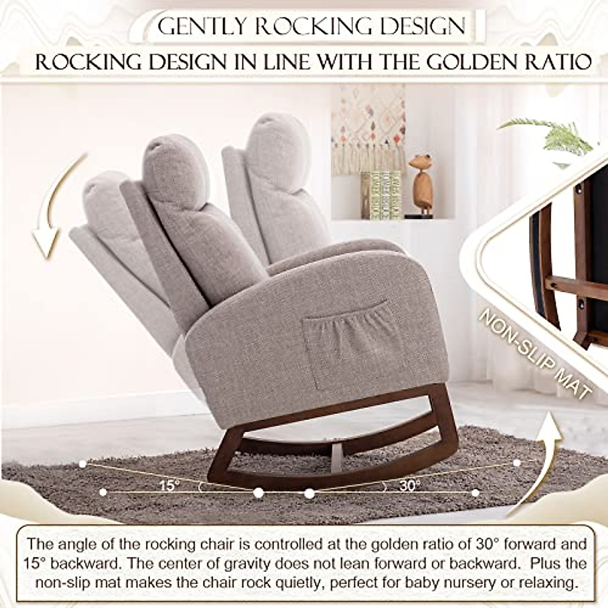 KINFFICT Comfy Rocking Chair, Upholstered Accent Glider Rocker for Baby Nursery or Relaxation, Living Room Armchair with High Back and Headrest, Modern Rocking Glider with Side Pocket, Grey