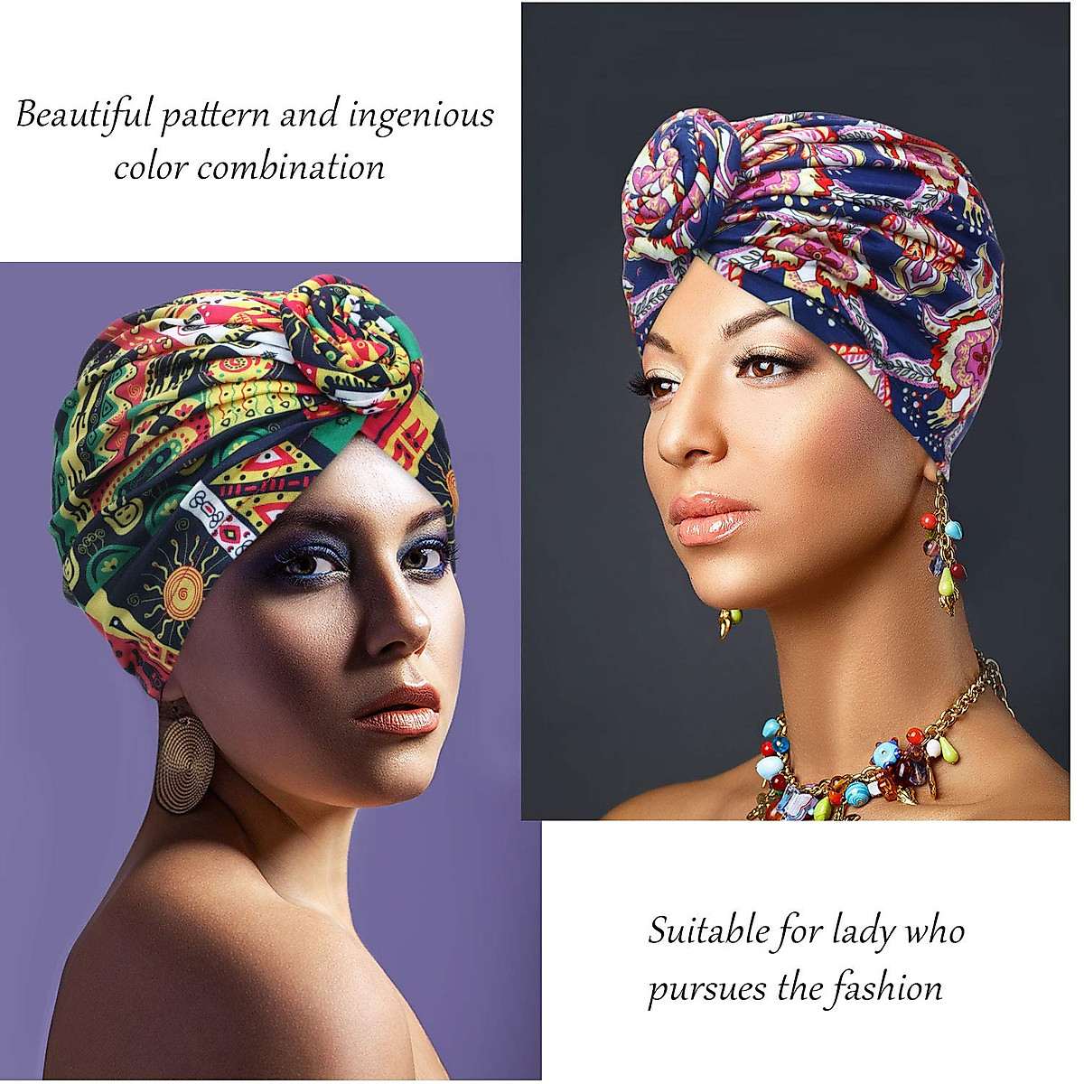6 Pieces Women African Turban Flower Knot Pre-Tied Bonnet Beanie Headwrap (Simple Patterns) Multicoloured