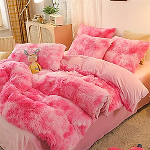 chovy Faux Fur Tie-Dyed Pink White Red Colorful Comforter Cover Duvet Cover Queen - 3PC Bed Set Ultra Soft Plush Flannel Velvet Fluffy Fuzzy Bedding（Duvet Cover x 1 Pillowcases x 2
