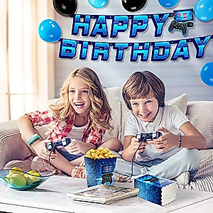 DECORLIFE Game on Party Supplies Serves 24, Blue Video Game Party Supplies Includes Tablecloth, Popcorn Boxes, Birthday Plates for Boys Gamer Party Decorations, Total 200PCS