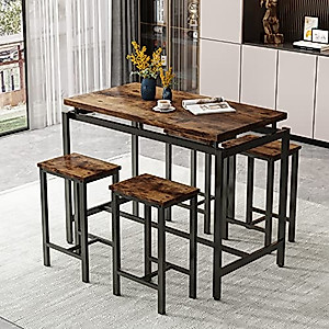 tantohom Dining Table Set for 4, Space Saving Kitchen Table and Chairs for 4, Industrial Counter Height Table with 4 Stools, 5 Pcs Bar Table and Chairs Set, for Pub, Living Room, Breakfast Nook, Brown