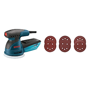 BOSCH ROS20VSK Palm Sander - 2.5 Amp 5 in. Corded Variable Speed Random Orbital Sander/Polisher Kit with BOSCH SR5R000 6-Piece Assortment 5 In. 8 Hole Hook-And-Loop Sanding Discs