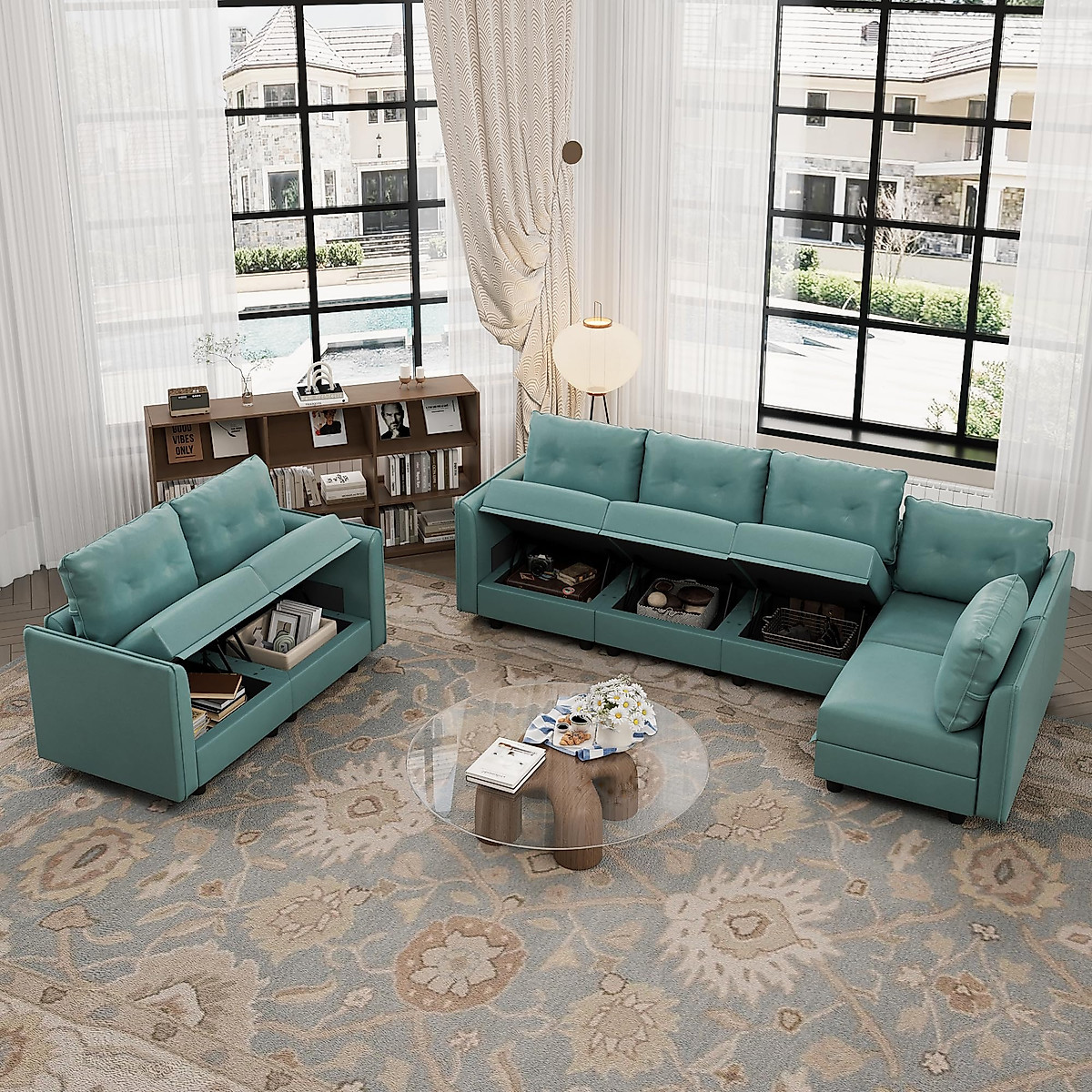 LLappuil Modular Sectional Sofa Faux Leather Fabric Convertible U Shaped Sofa 7 Seater Couch with Storage, Oversized Reversible 112 Inch Sectional Couches for Living Room, Office, Aqua Blue
