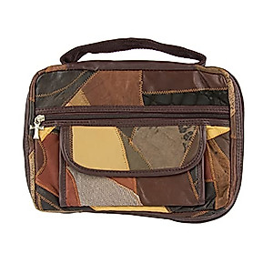 Zip Around Brown Leather Patchwork Bible Cover Carry Case with Handle