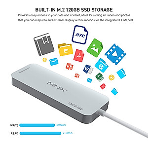 MINIX Storage, 120GB SSD Aluminum USB-C Multiport SSD Storage Hub with Display Output 4K @ 30Hz, 2 x USB 3.0 and USB-C for Power Delivery, Compatible for Apple MacBook. (Silver)