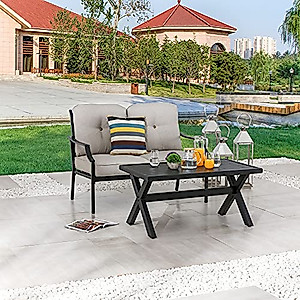 LOKATSE HOME Outdoor Loveseat and Coffee Table Metal Conversation Set Patio Furniture with Cushions for Poolside Backyard Lawn, Beige