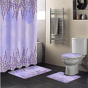 4 Pcs Shower Curtain Set with 12 Hooks Flower Spring Painting Style Lavender Purple Bathroom Sets with Non-Slip Bath Mat Toilet Lid Cover Waterproof Durable Shower Curtain and Rugs
