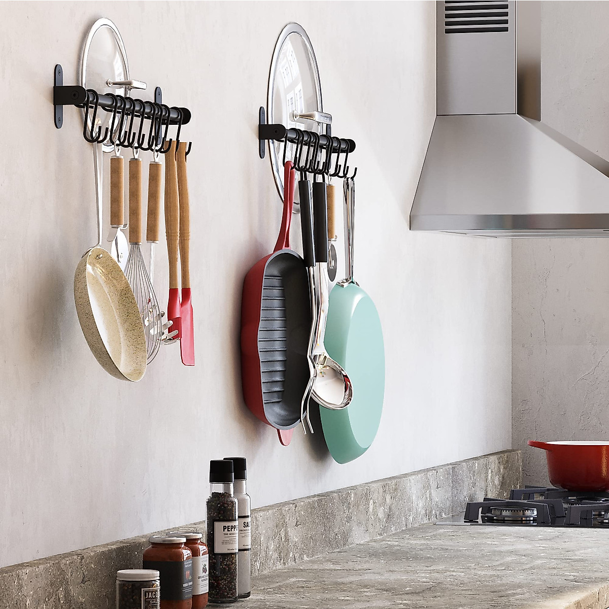 Wallniture Lyon Hanging Pot Rack for Kitchen Organization and Storage, Black Kitchen Utensil Holders with 20 S Hooks for Hanging Pots and Pans Set, 17" Coffee Mug Holder Wall Mount Set of 2