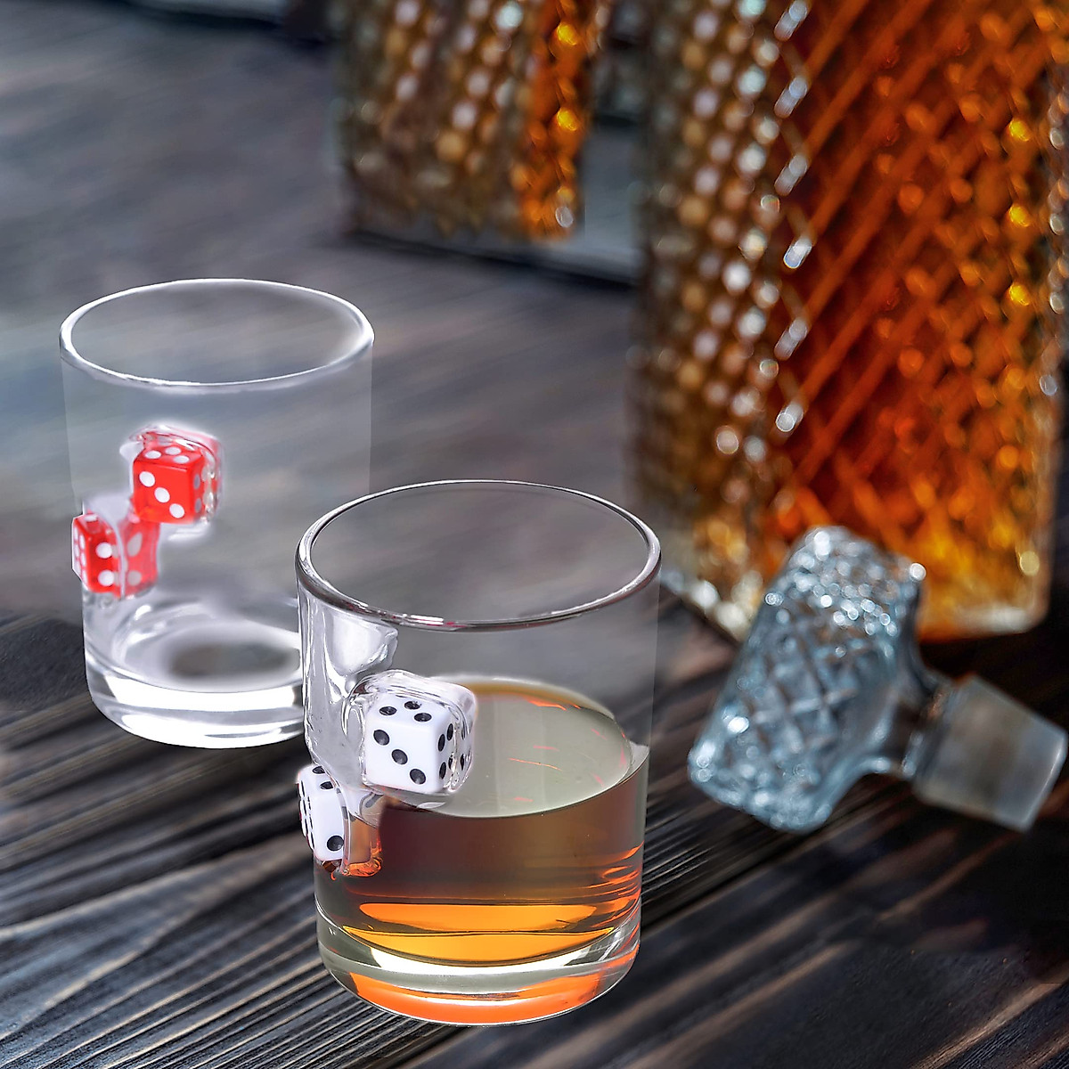 Whiskey Glasses Rocks Glass with Lucky Dice Old Fashioned Glass Hand Blown Drinking Glass Cups Funny Shot Glass 8 Oz West Bar Glass for Scotch Whiskey, Bourbon Glass,Cocktails,Gift for Men（White)