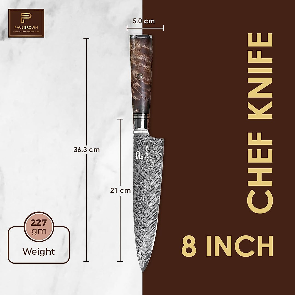 Paul Brown's™ Japanese AUS10 Damascus Steel 8 inch Chef Knife Sapele Wood Handle Arrow Pattern 67 Layers Sharp Kitchen Knife with Pine wood Gift box and Leather Sheath