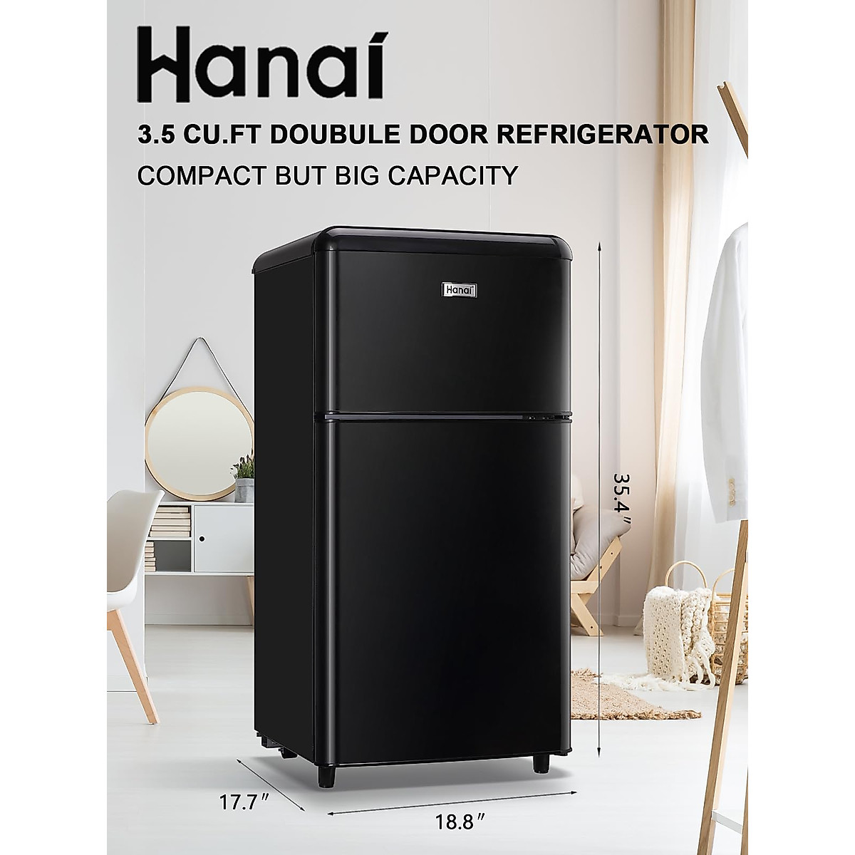 WANAI Compact Refrigerator 3.5 Cu.Ft Retro Black Fridge With Freezer 2 Door Mini Refrigerator with 7 TEMP Modes, LED Lights, Removable Shelves, Ideal for Apartment Dorm and Office, Black
