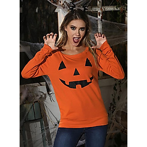 Halloween Womens Shirts Pumpkin Sweatshirts Casual Pullover Orange Tops Jack-O-Lantern XL