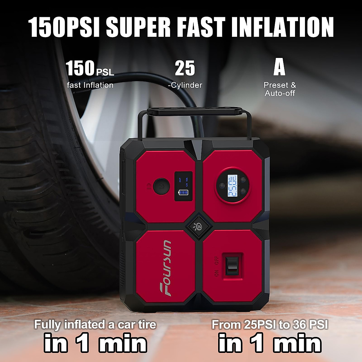 Portable Car Jump Starter with Air Compressor, Foursun 4000A 26800mAh Jump Starter Battery Pack (All Gas/8.0L Diesel) 150PSI Digital Tire Inflator, 12V Car Lithium Battery Jump Box Pack Power Charger