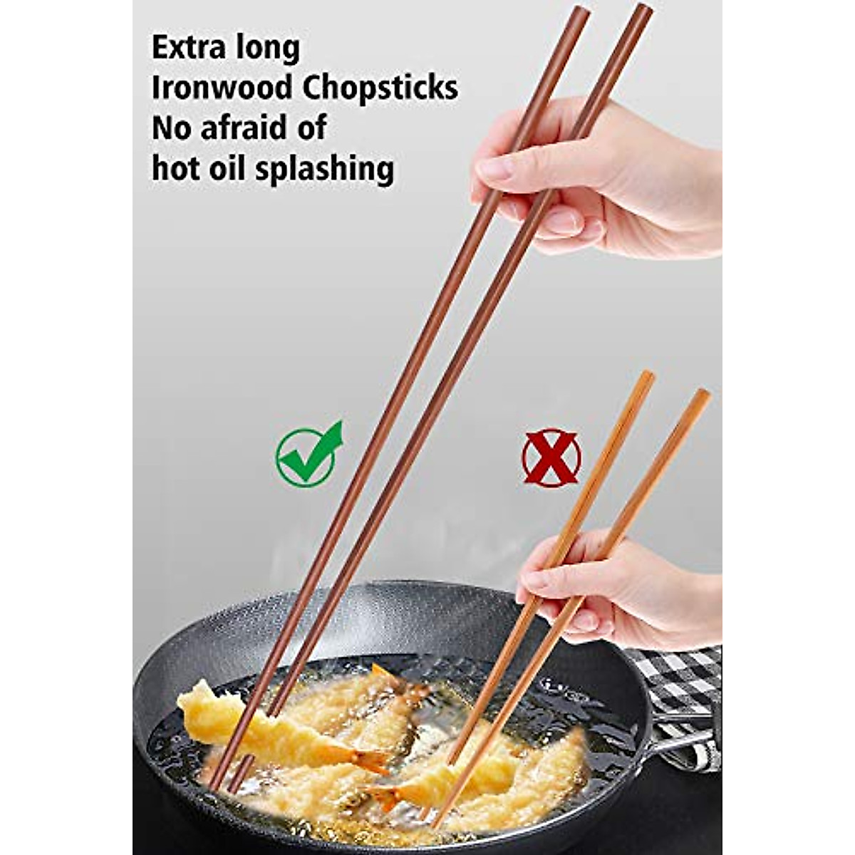 GLAMFIELDS 16.5 Inches Wooden Cooking Chopsticks Reusable for Noodles Frying Hotpot Extra Long Kitchen Chop Sticks Brown 2 Pairs