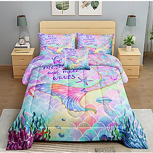 ROWADALO 6 Pieces Mermaid Scale Glitter Comforter Set Fish Scale Shell Starfish Girls Bedding Set,Gradient Rainbow Mermaid Tail Bed in A Bag Queen Size Complete Set for Girls Bedroom,MRY502-Queen