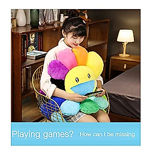 Sunflower Flower Plush Pillow Floor Pillow Cushion Seat Smiling Face Sunflower Stuffed Plush Toy Doll Cushion Pillow Home Bedroom Decor Rainbow Smiley Face Flower Pillow (16.5in, Black +White)