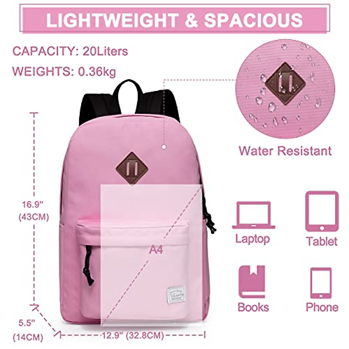 VASCHY School Backpack, Lightweight Water Repellent Backpack Men School Bag Women Children Boy Leisure for Girl School High School Teenagers College Business Travel, Pink, M, Backpacks Handbags