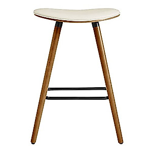 Armen Living Piper 26" Counter Height Backless Bar Stool in Cream Faux Leather and Walnut Wood