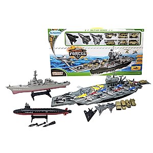 Toy Aircraft Carrier Submarine Destroyer Ship Combo with Military Vehicles and Fighter Jets