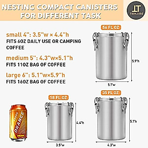 Tanjiae Compact Stainless Steel 100% Airtight Canisters Sets for Small Kitchens | Metal Food Storage Containers with Lids Sealed - Keep Flour, Sugar, Coffee, Tea Fresh for Months (18+35+56 fl oz)