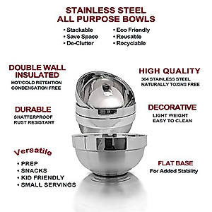 Heat Insulated 304 Stainless Steel Bowls, Double Walled, Multipurpose Rice Ice Cream Kids Snacks, 4 Pack, SMALL (16 oz)