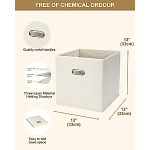 NEATJELAI Storage Cubes 13 Inches Cube Storage Organizer Bins Linen Fabric Storage Container with Metal Hallow Handles,Foldable Design for Shelves Closet Organizers and Storage, 4 Pack, Beige