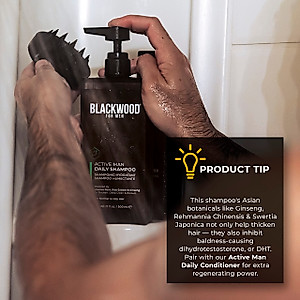 BLACKWOOD FOR MEN Active Man Daily Shampoo - Thickening & Clarifying Shampoo for Normal to Oily Hair or Scalp - Fights Hair Loss - Natural Vegan Formula - Sulfate Free with Ginseng & Aloe Vera (17oz)