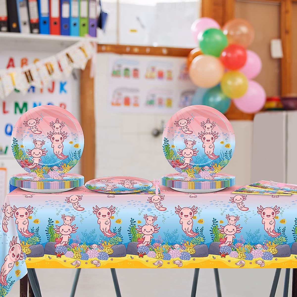 chiazllta 20 Guests Pink Cartoon Axolotl Birthday Party Supplies Reptile Animals Party Tableware Set Girl Axolotl Party Decor Favors Disposable 7-Inch Plates Napkin Tablecloths for Axolotl Baby Shower