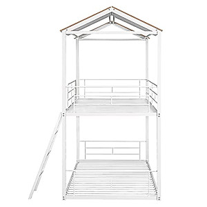 EMKK Twin Over Twin Metal Bunk Bed,House Shaped Low Bunk Beds w/Safety Guardrail & Ladder,Twin Over Twin Bunk Beds for Kids Girls Boys Toddlers,Metal House Bunk Bed Frame with Ladder