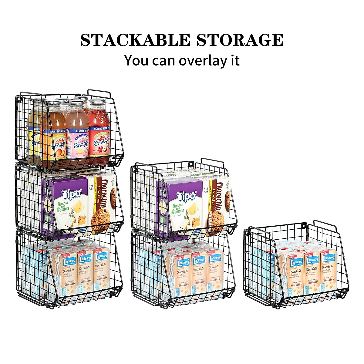 X-cosrack Stackable Pantry Baskets Household Food Storage Organizer with Handles 3 Pack, Foldable Snack Rack Stand with Open Front Stacking Farmhouse Bins for Countertop Cabinets Kitchen