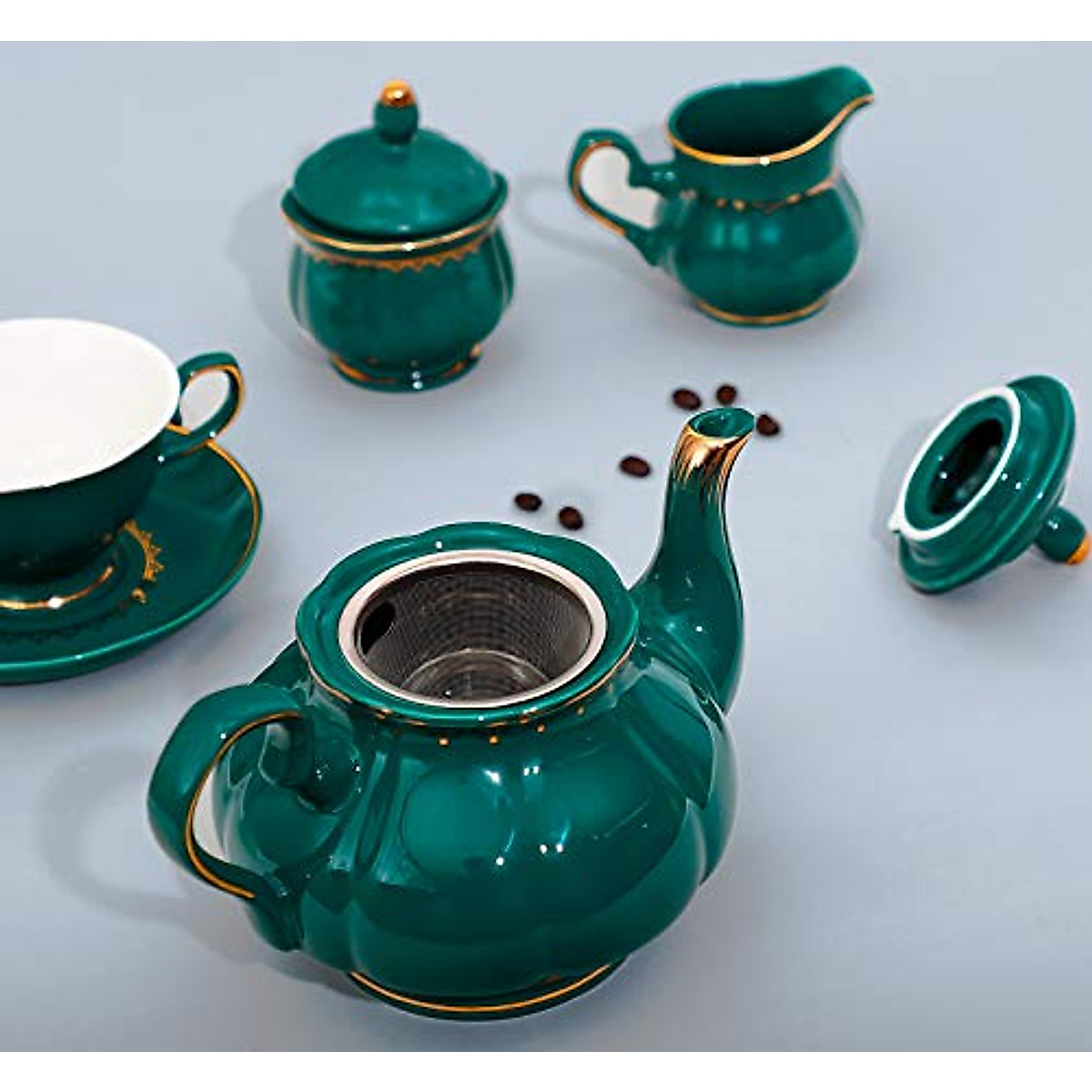 CHENP.HMC Tea Set 22-Piece Porcelain Ceramic Coffee Tea Gift Sets Cups Saucer Service for 6 Teapot Sugar Bowl Creamer Pitcher and Teaspoons Porcelain Tea Set for Mother's Day(WITHOUT Mug Hooks)