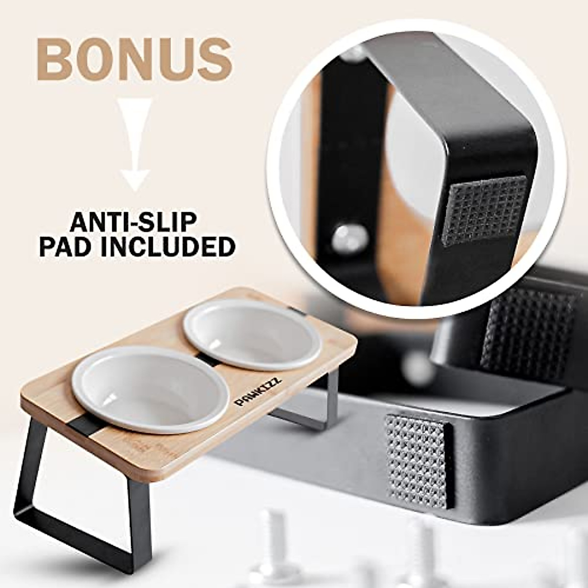 Elevated Cat Ceramic Bowls Stand for Food and Water, Small Dog, Anti Vomit, Indoor Cats, Tilted Feeding Position, Full Bamboo Body Stand with Food Grade, Whisker Friendly Dish for Cats and Puppy