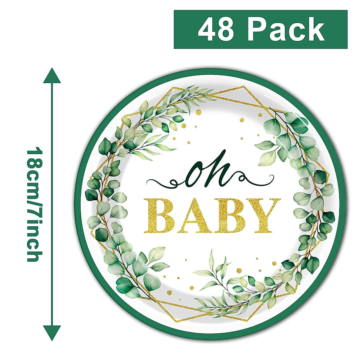 ZOIIWA 48 Pcs Oh Baby Eucalyptus Plates Baby Shower Party Supplies Sage Greenery Dessert Plates Greenery Disposable Paper Plates for Boys or Girls Gender Reveal Baby Shower Party Decorations Favors