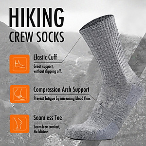 KitNSox 4 Pack Men's Women's Merino Wool Hiking Running Socks Crew Warm Thick Cushioned Outdoor Walking Sport Athletic Sock, Medium, Light Grey